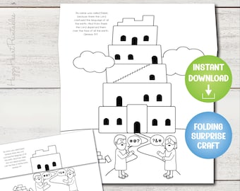 Tower of Babel Folding Surprise Bible Craft, Bible Lesson, Memory Game ...
