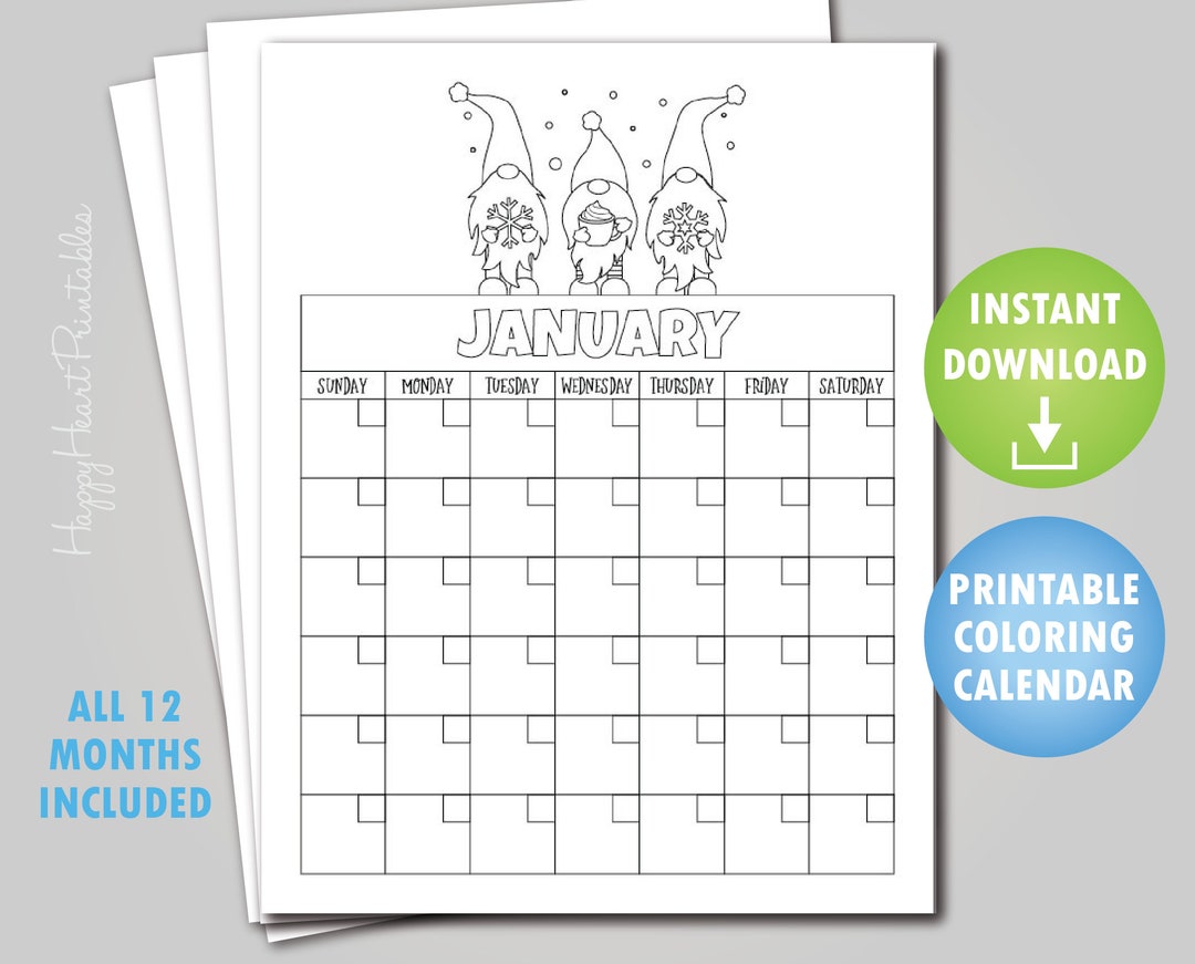 Gnome Printable Coloring Calendar - Etsy