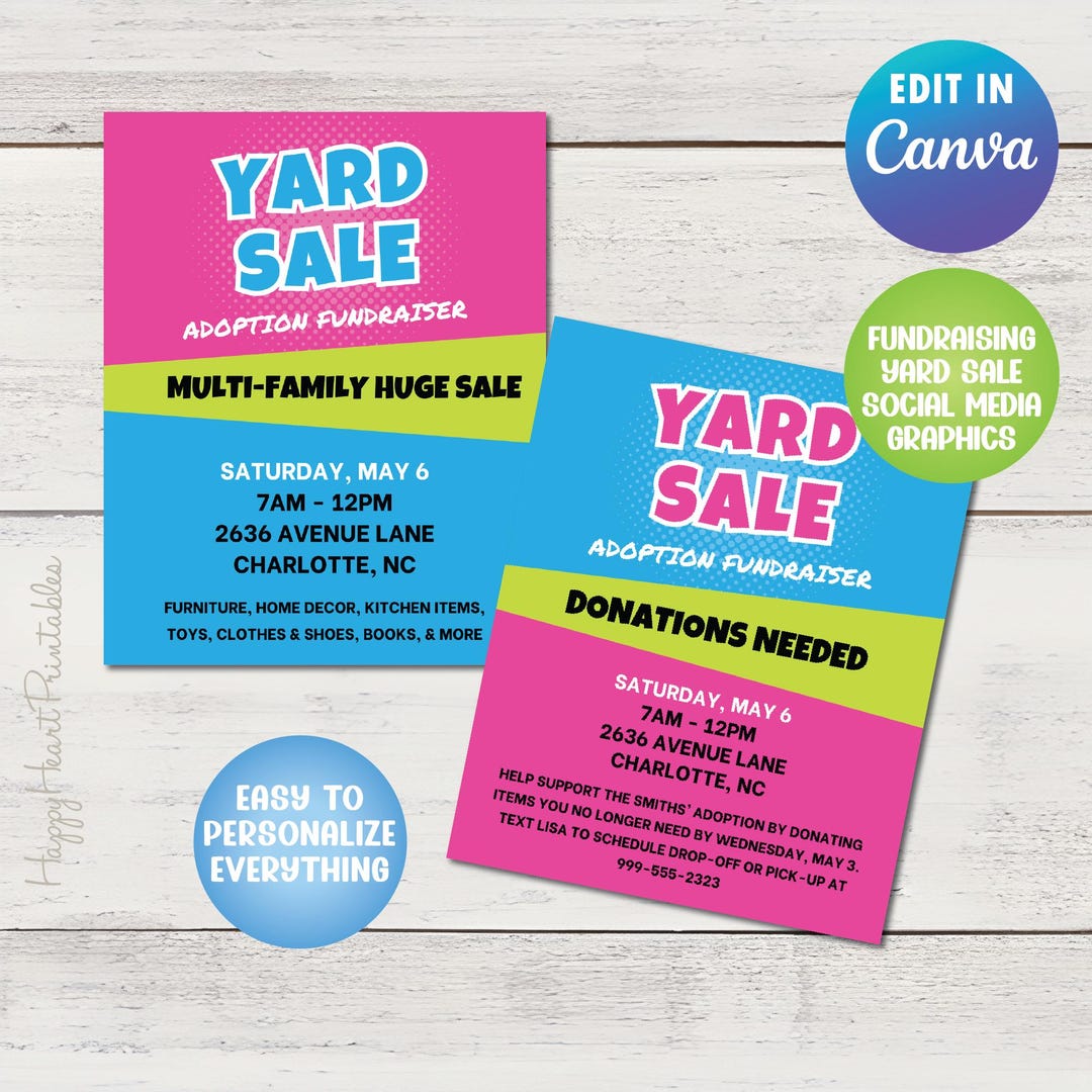 Fundraising Yard Sale Social Media Graphics and Printable Signs- Fully ...