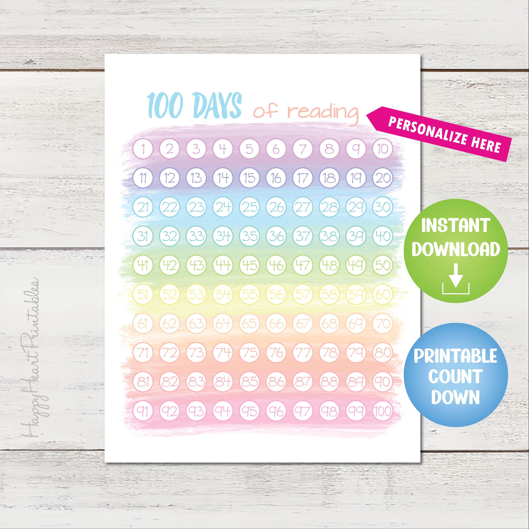 100 Day Countdown - Printable 100 Days Chart - Etsy