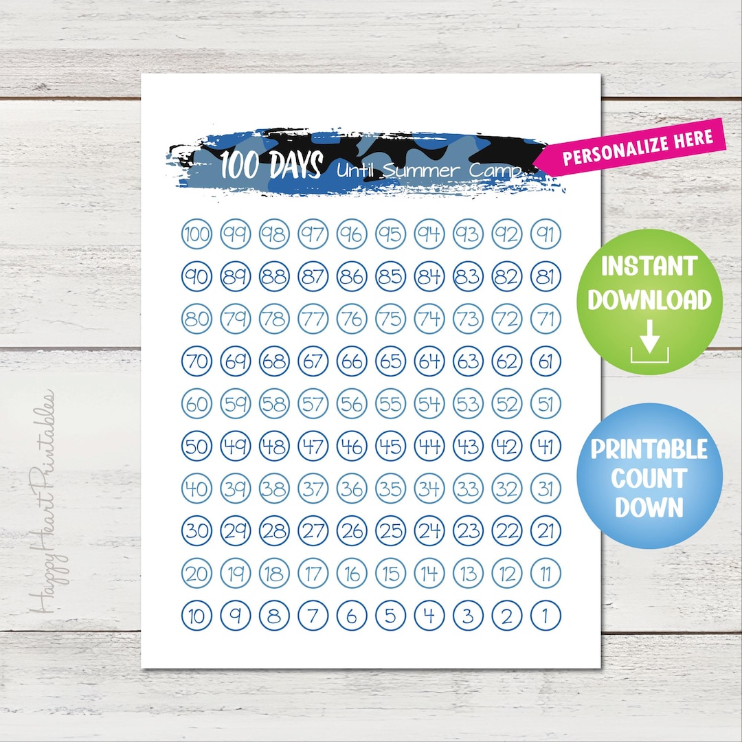 100 Day Countdown - Printable 100 Days Chart - Etsy