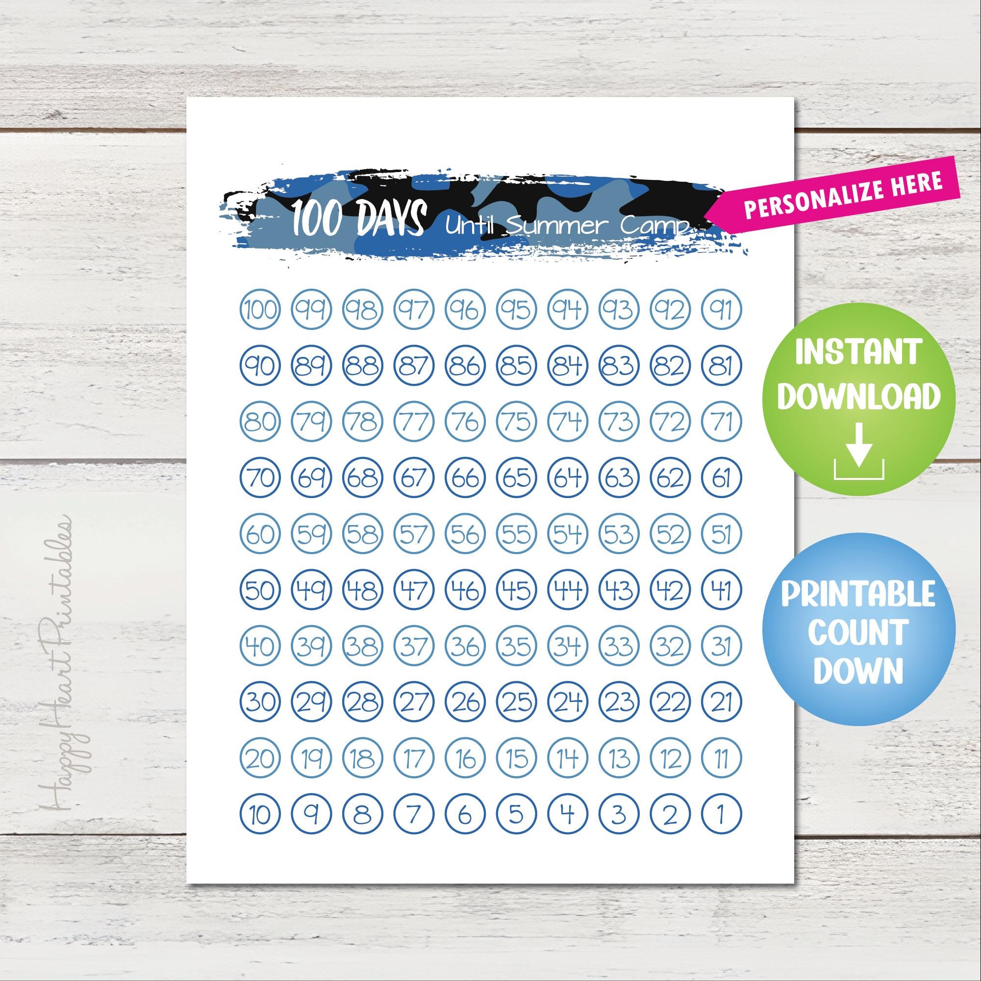100 Day Countdown - Printable 100 Days Chart - Etsy