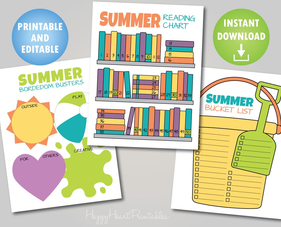 Summer Chart Bundle - Reading Chart, Bucket List, and Boredom Buster ...