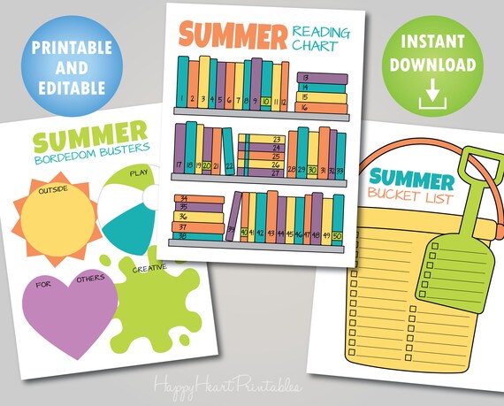 Summer Chart Bundle Reading Chart Bucket List and Boredom - Etsy