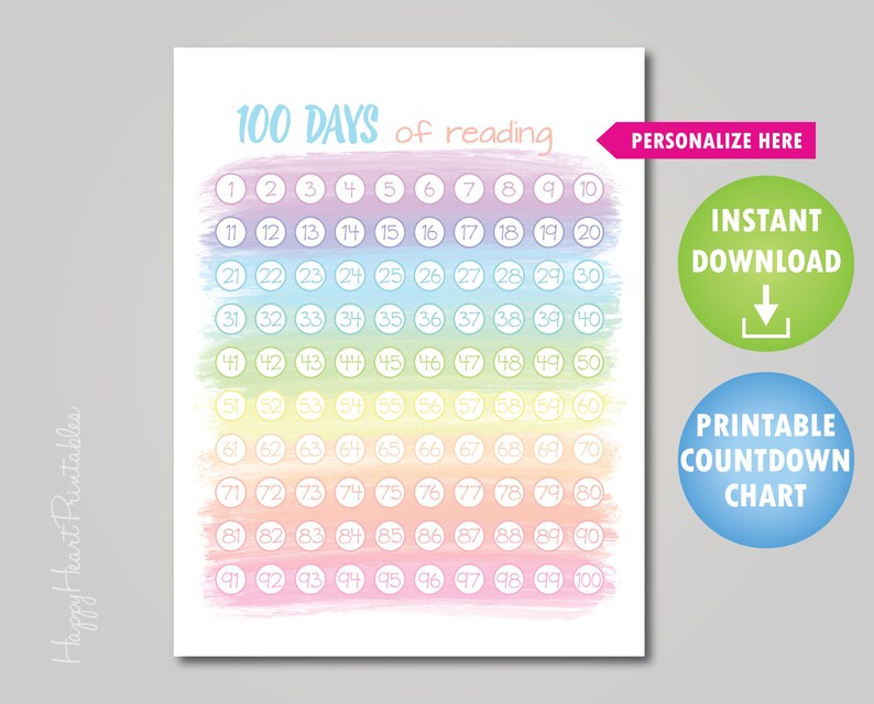 100 Day Countdown Printable 100 Days Chart - Etsy