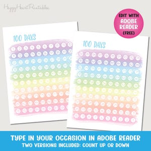 100 Day Countdown - Printable 100 Days Chart - Etsy