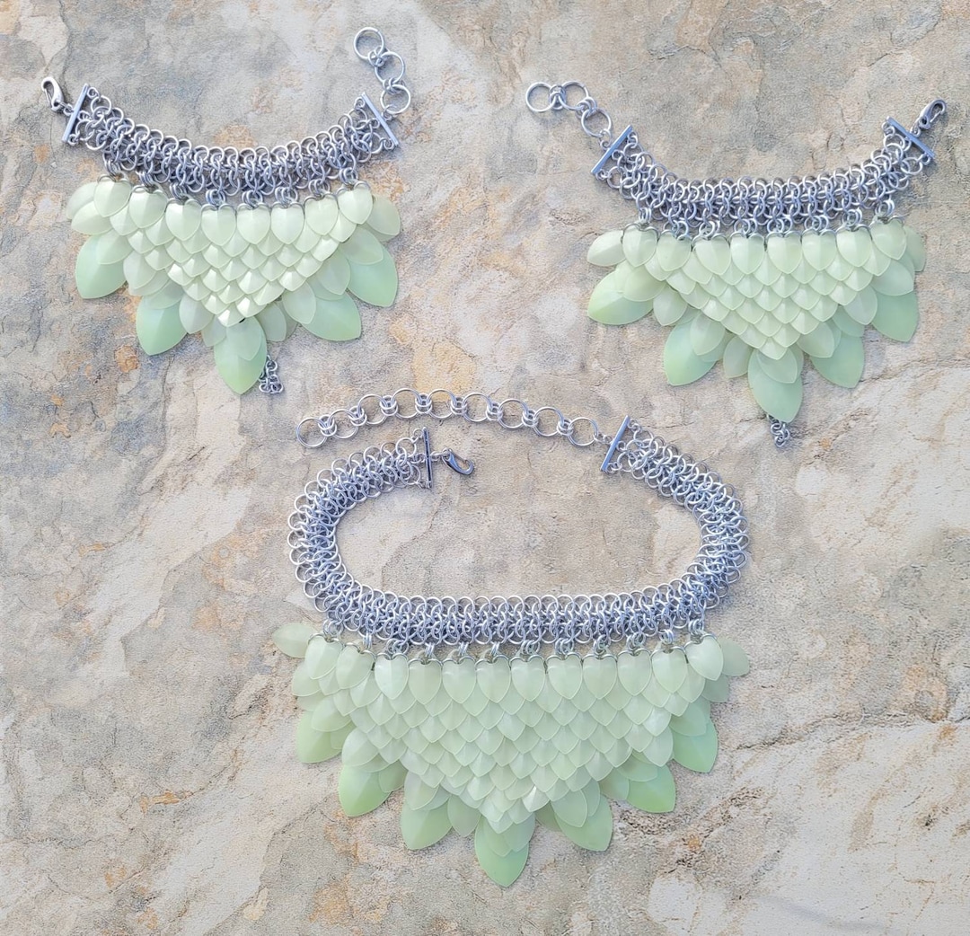 Glow in the Dark Dragon Scale Mail Armor Necklace and Hand Armor Bracelet With Koi Scale Tops - Etsy