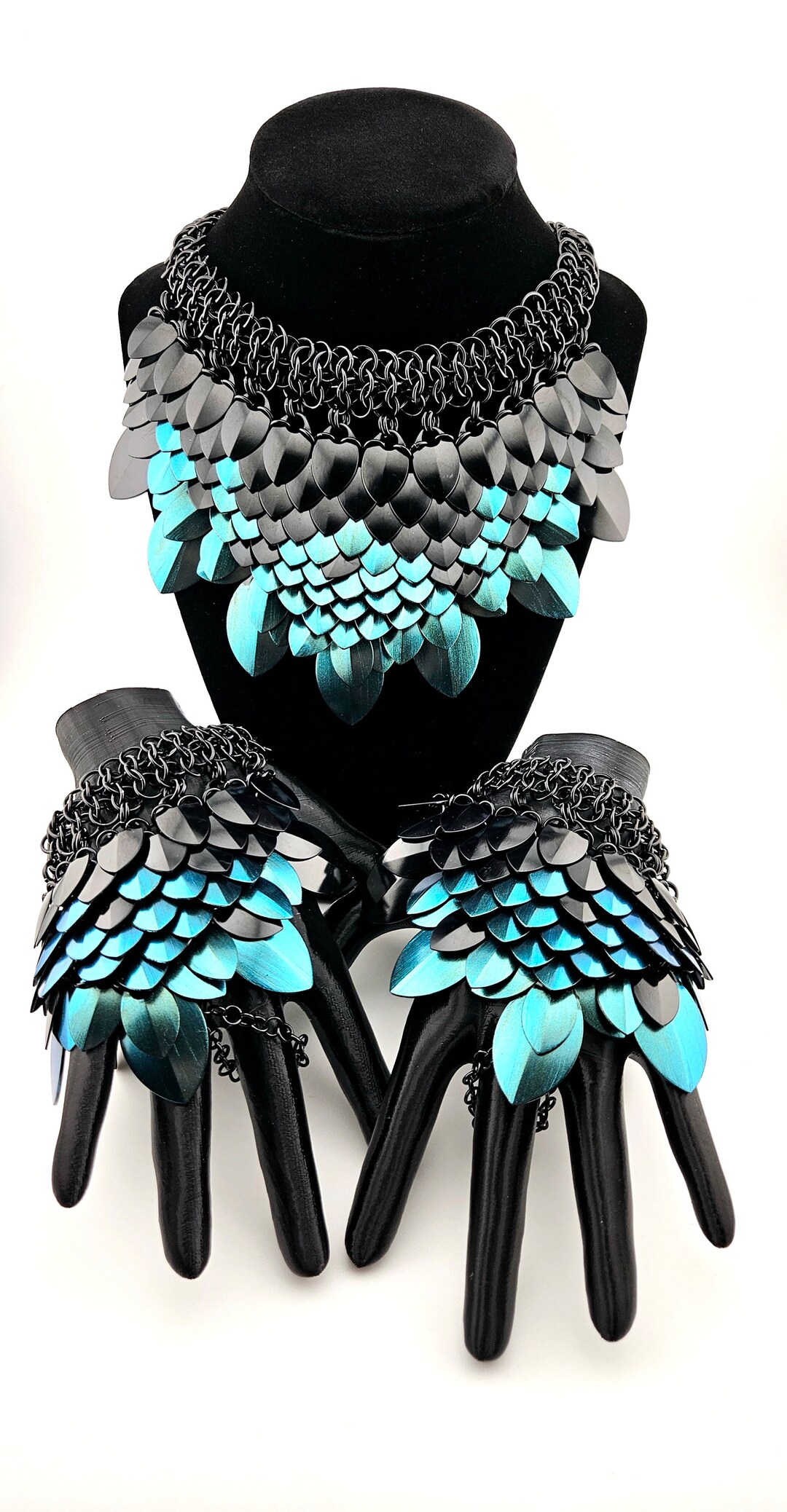 Dragon Scale Mail Armor Necklace and Hand Armors With Koi Scale Tops Hand Painted Scales ...