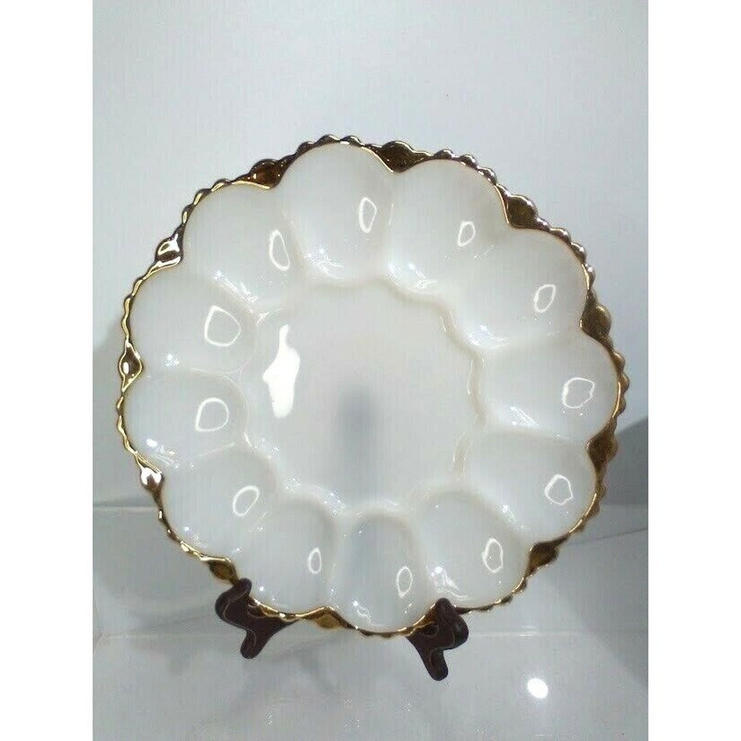 Vintage Anchor Hocking Milk Glass Egg Platter With Gold Rim - Etsy