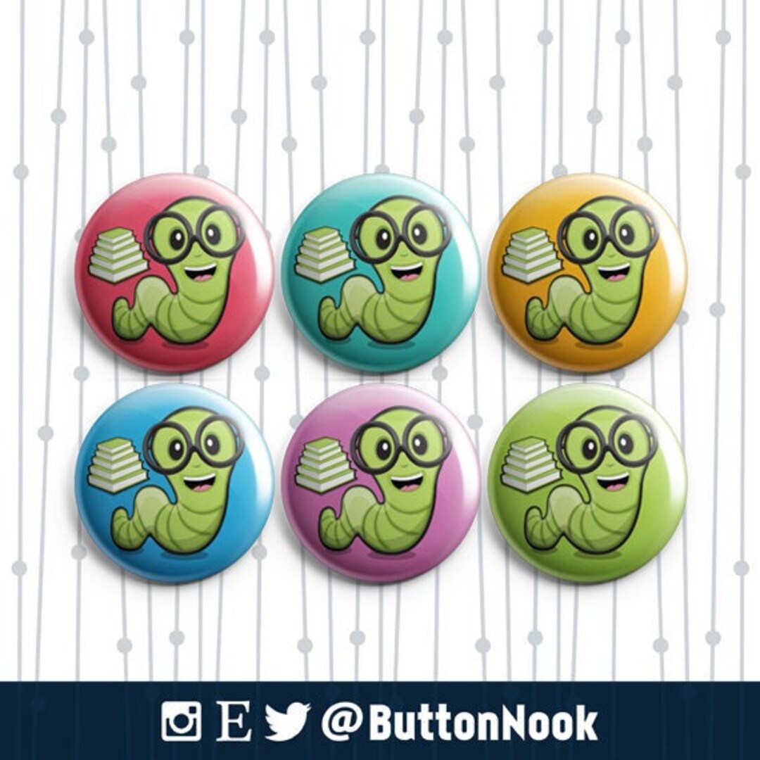 Bookworm Cute Reading Library Book Lover 6 Pack Pinback Badges ...