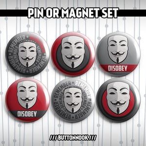 V for Vendetta Disobey Revolution 6 Pack Pinback Badges / Magnets - Etsy