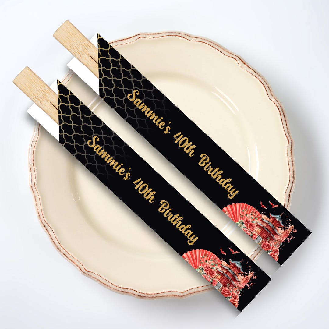 Personalized Asian Theme Fan Asian Inspired Black and Red Chopstick ...