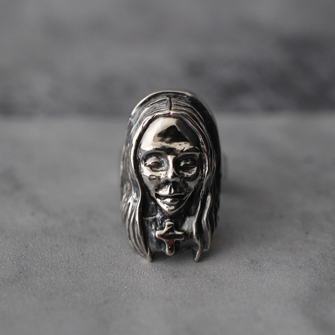 Holy Lady, Saint Nun, With Cross, Handmade, Biker Silver Ring, Brass ...