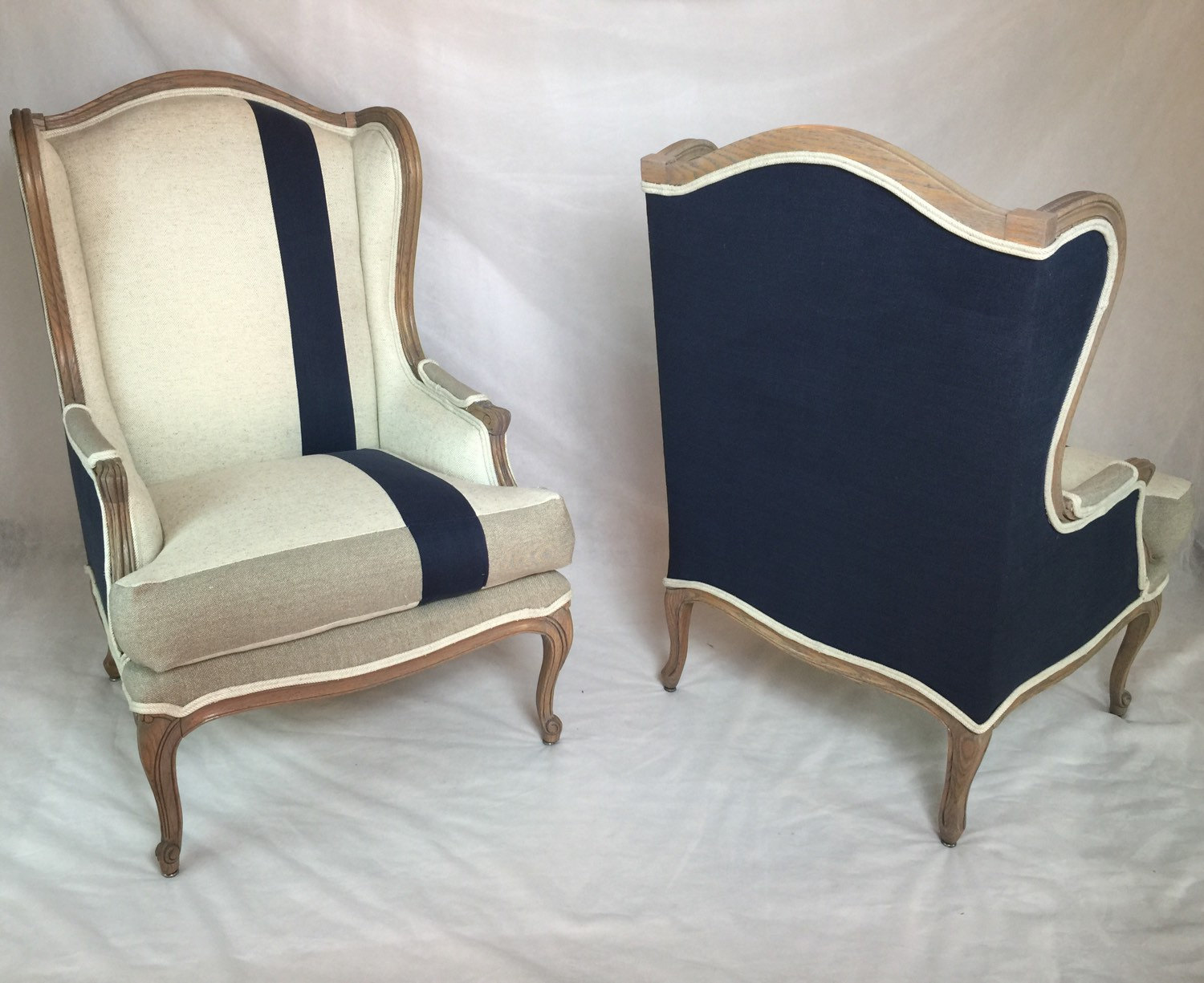 Sold- Can Replicate-pair of Custom Striped Wing Back Chairs With Navy ...