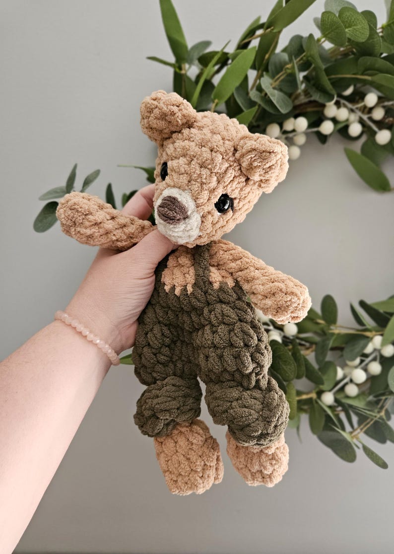 Crochet Bear in Overalls | Handmade Bear Mini Lovey | Bear Snuggler ...
