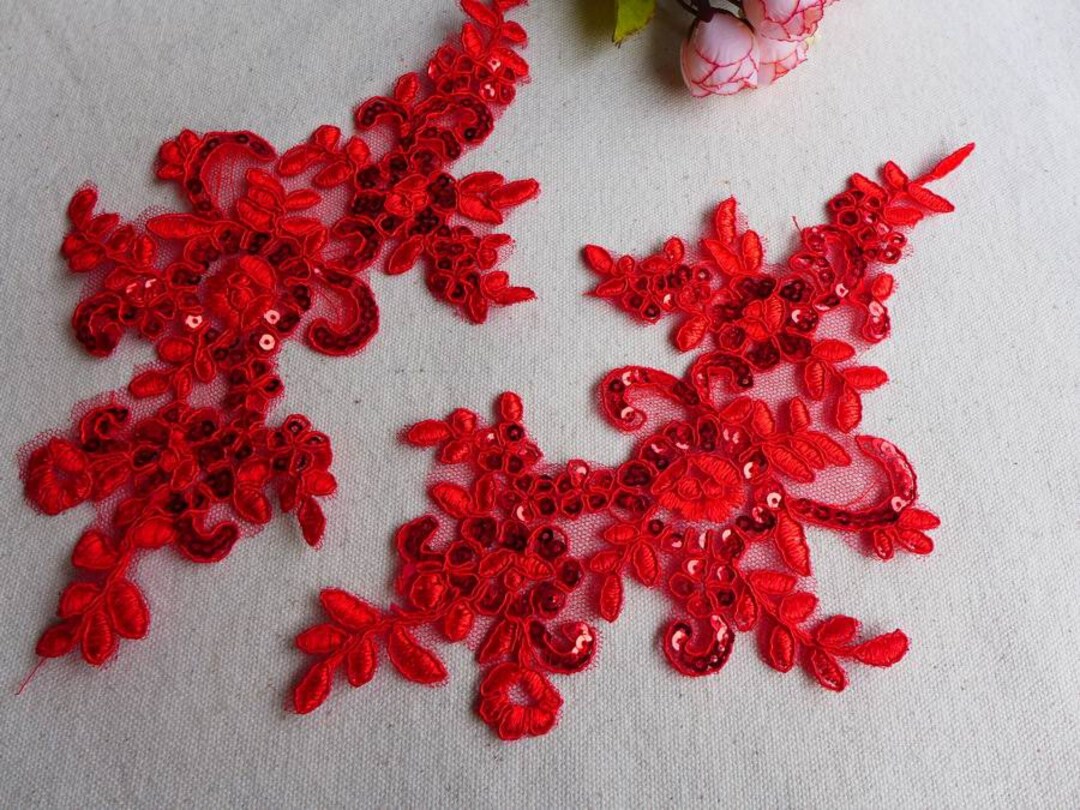 Red Embroidered Applique Pair Sequins Lace Applique Wedding Headband - Etsy