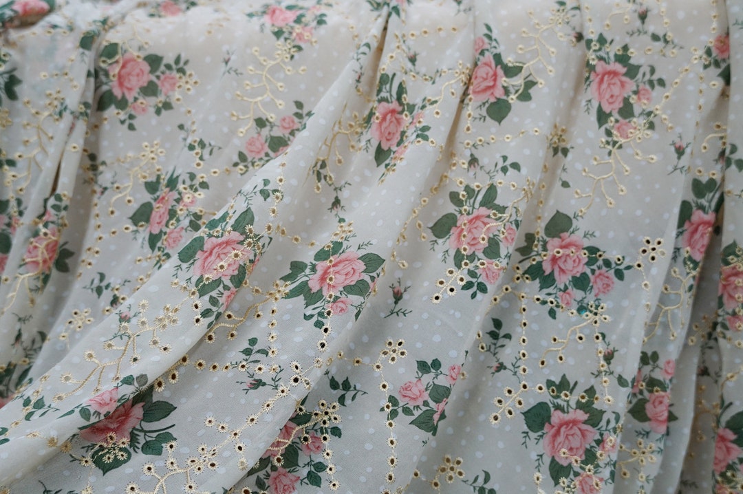 Retro Rose Flowers Print Chiffon Fabric Soft Polyester Chiffon Eyelet ...