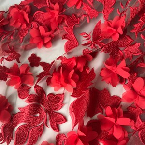 Red Embroidery Lace Fabric With Chiffon 3d Flower on Soft Tulle Fabric ...