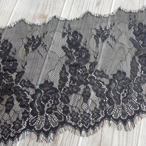 Black Scalloped Lace Fabric, Eyelash Floral Lace Trim, Black Chantilly ...