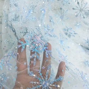 Light Blue Snowflake Fabric Colorful Sequins Embroidery Mesh Fabric for ...