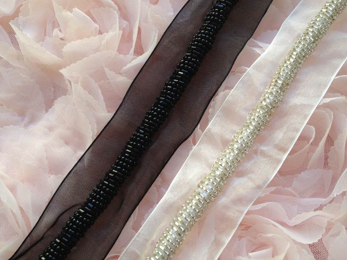 Beaded Trim Silver Pearl and Braided Rope on White Ribbon - Etsy