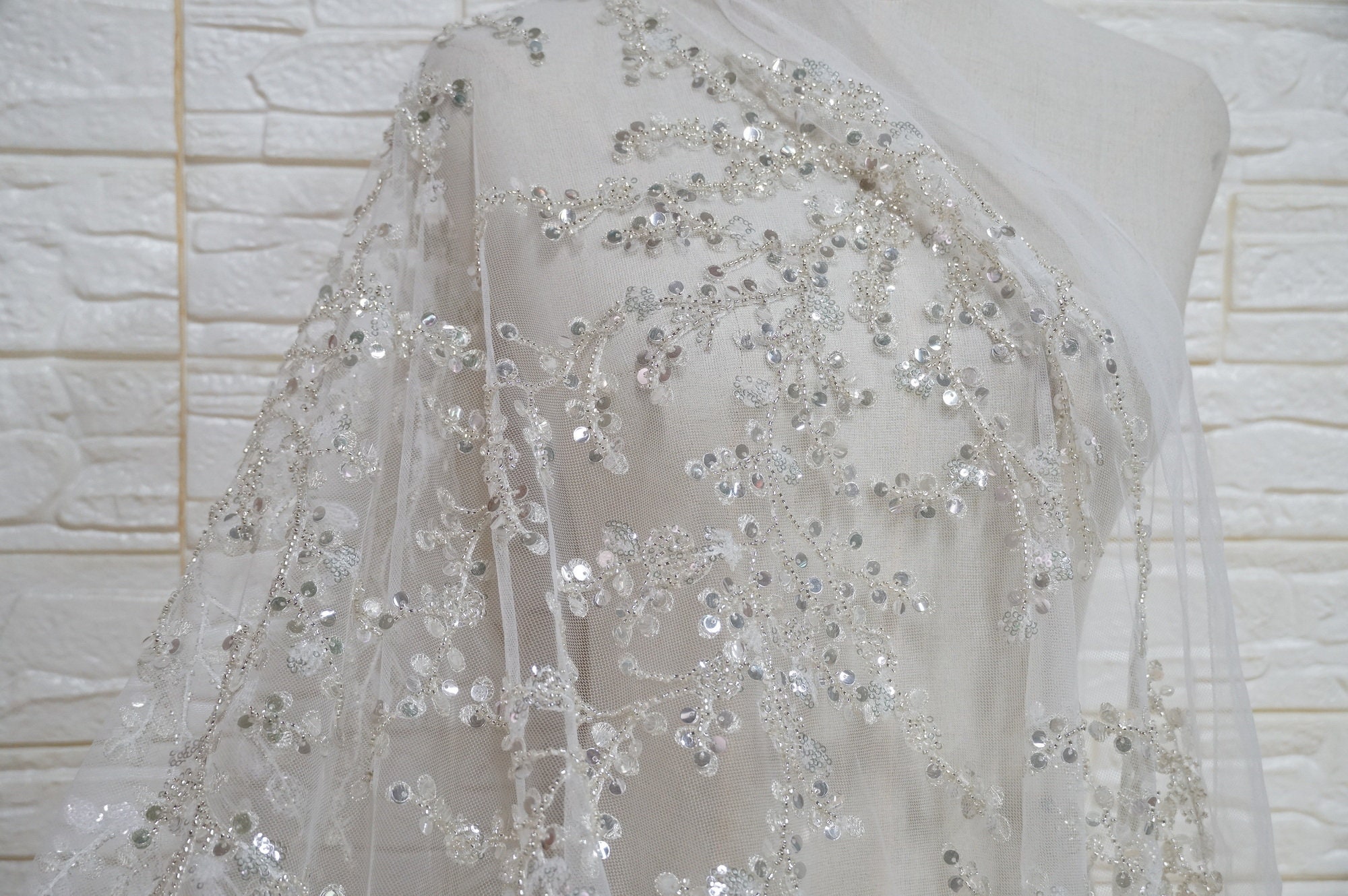 Luxury Bridal Beaded Lace Silver Beads and Sequins Lace Fabric on off ...