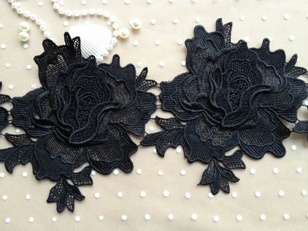 SALE Black Rose Lace Trim, Vintage Venice Large Black Roses Lace, Black ...