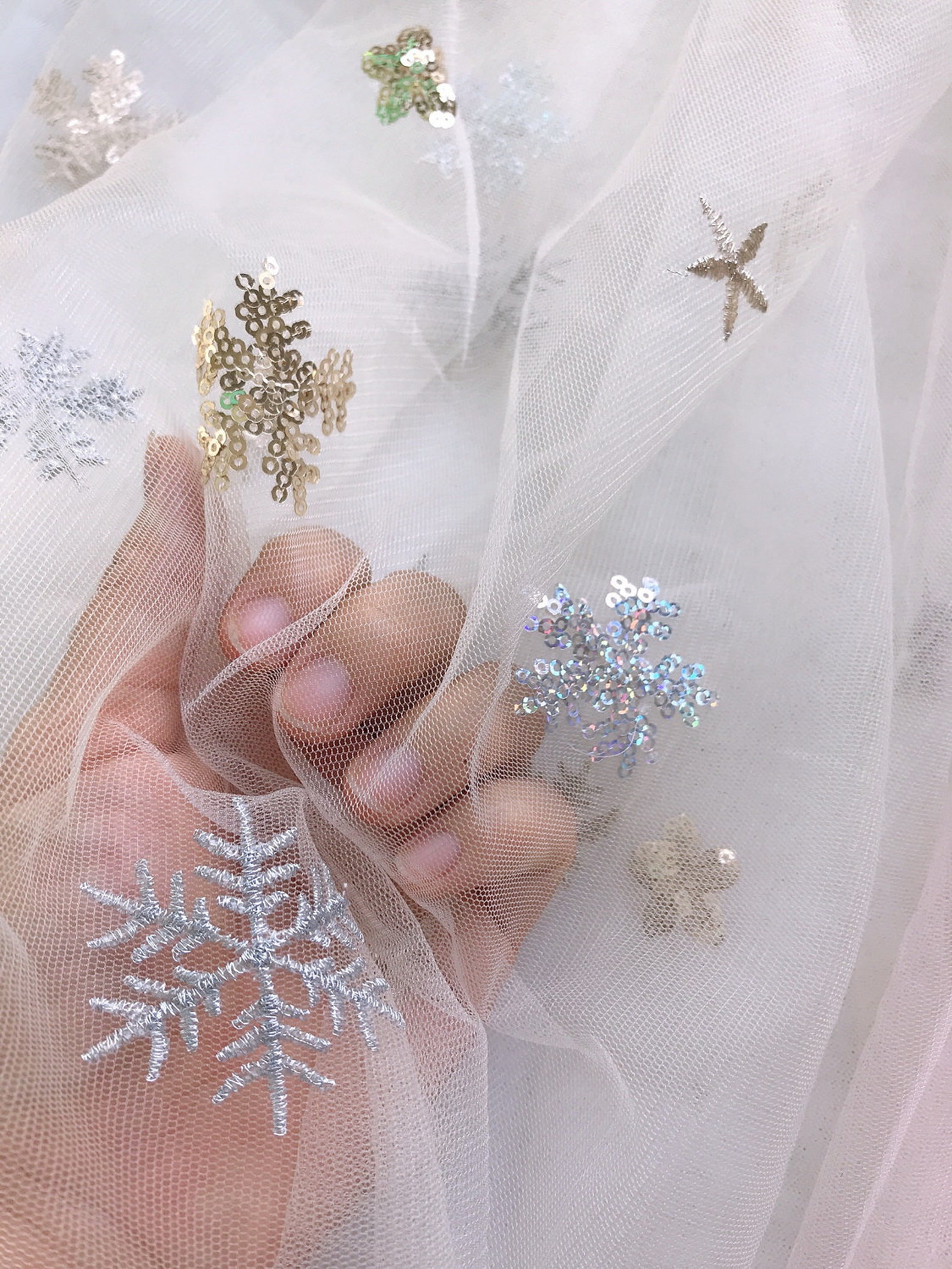 Beautiful Snowflake Lace Fabric Sequins Fabric Soft Sheer | Etsy