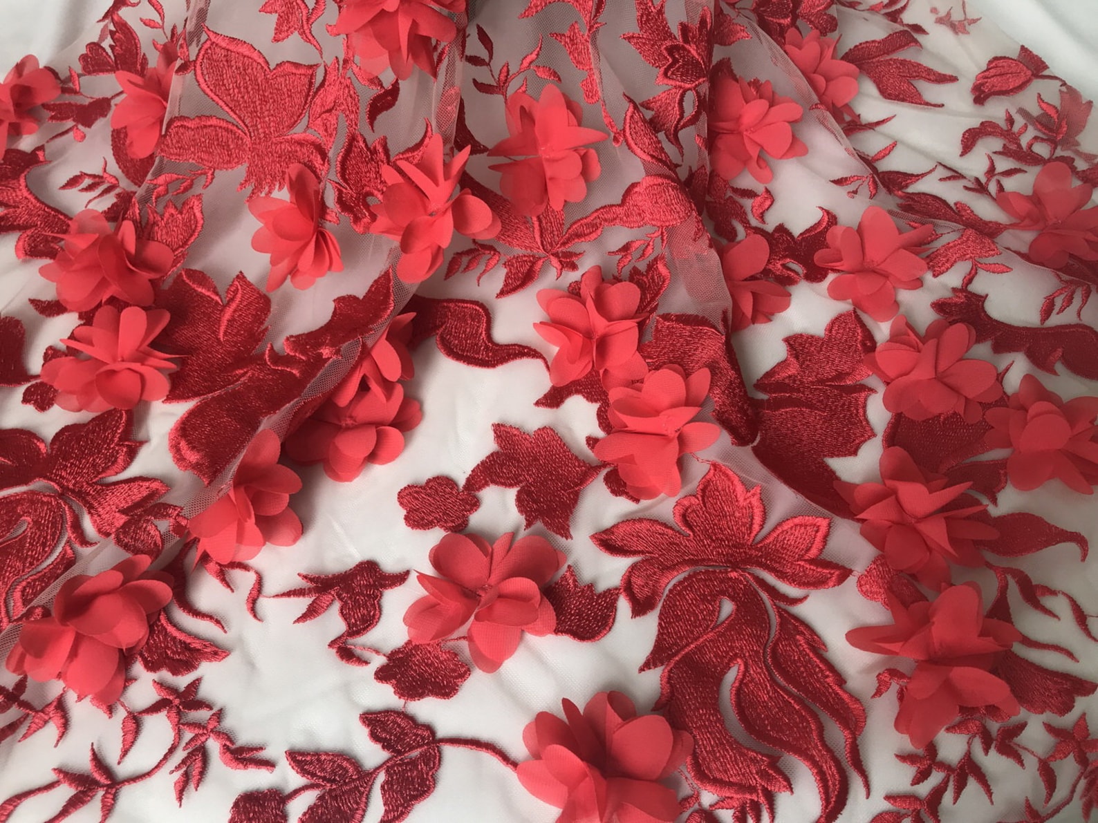 Red Embroidery Lace Fabric With Chiffon 3d Flower on Soft - Etsy