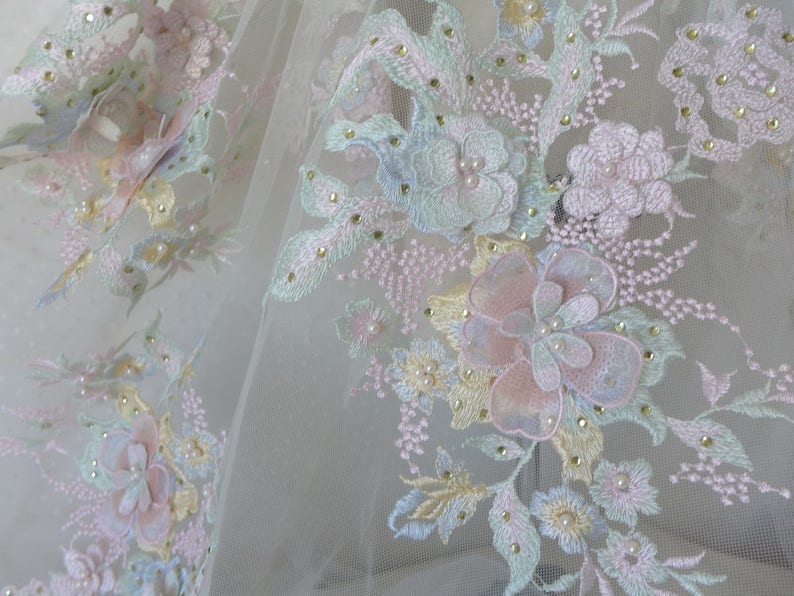Beaded lace Pastel embroidery sequined fabric off white | Etsy