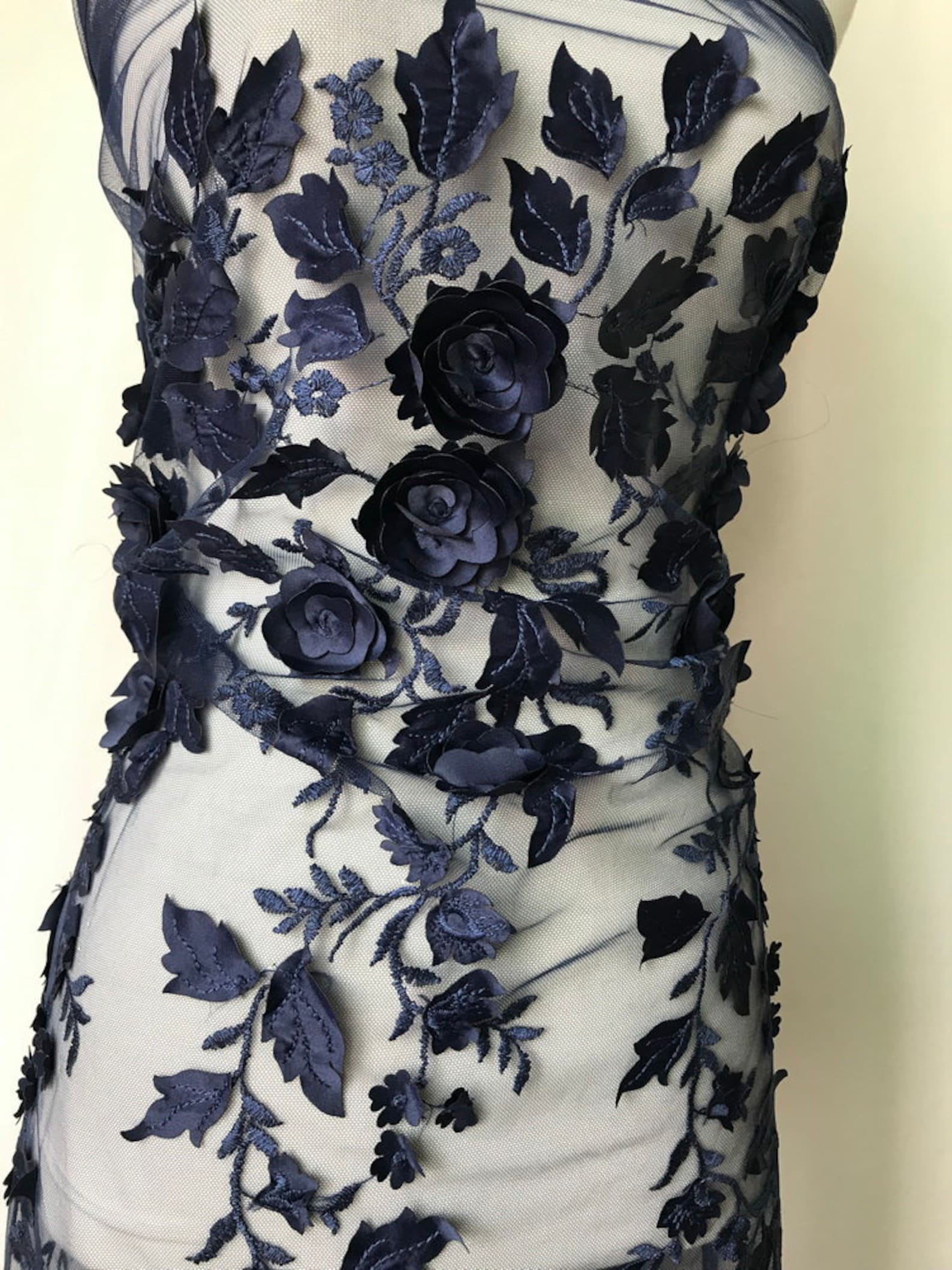 3D Rose Flower Fabric, Navy Blue Lace Fabric, Floral Leaf Lace Fabric ...