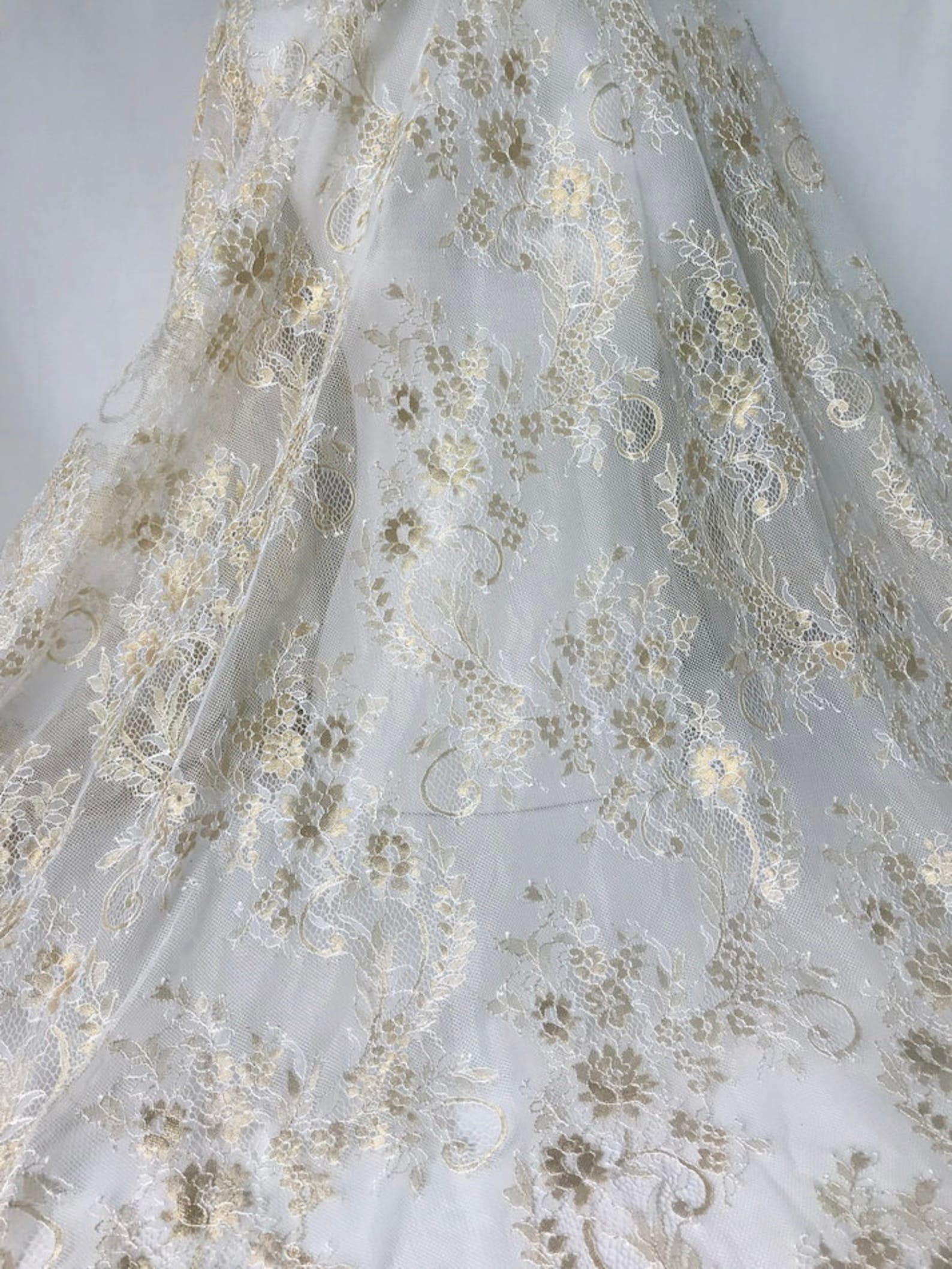Gold French Chantilly Lace Fabric Elegant Floral Wedding Fabric Soft ...