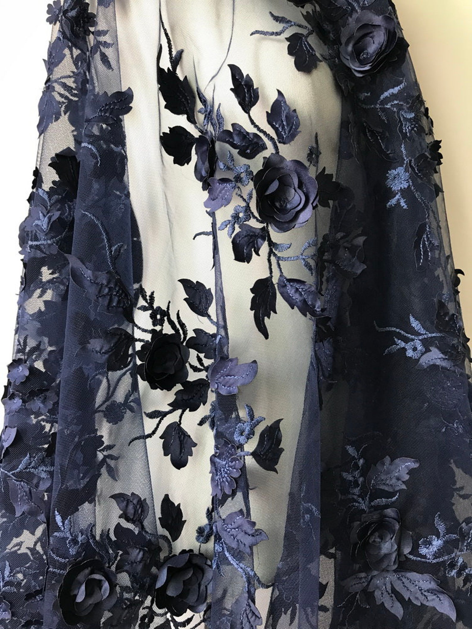 3D Rose Flower Fabric, Navy Blue Lace Fabric, Floral Leaf Lace Fabric ...
