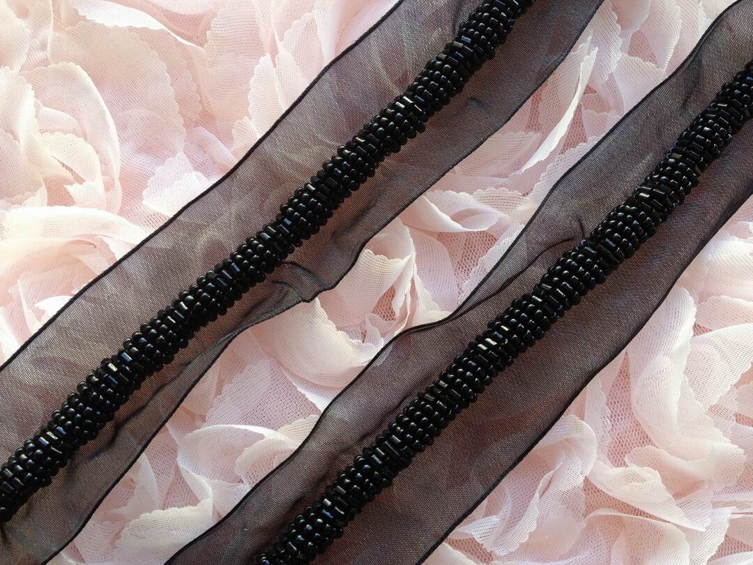 Beaded Trim - Black Pearl and Braided Rope on Black Ribbon for Bridal ...