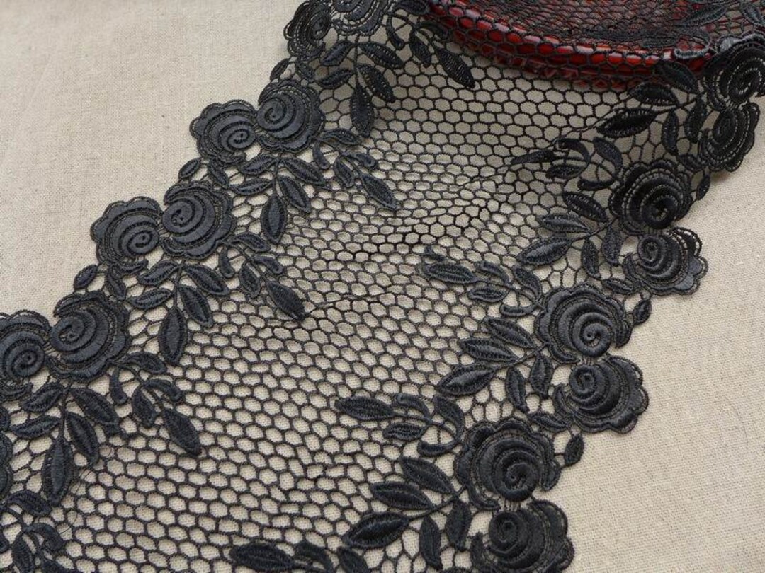 Black Rose Bud Flower Lace, Venice Cutwork Lace, Black Lace Trim for ...