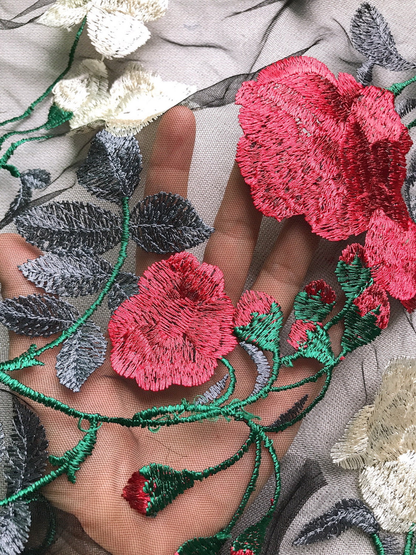 Rose Lace Fabric Multicolor Embroidery Flowers Fabric for | Etsy