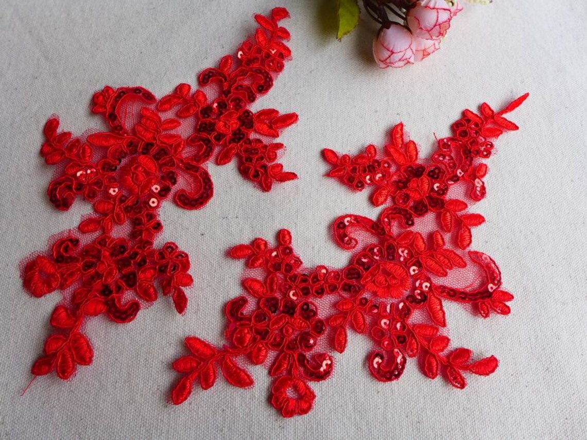 Red Embroidered Applique Pair Sequins Lace Applique Wedding - Etsy