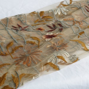 Soft Light Brown Tulle Leaf Floral Embroidered Lace Fabric for Boho ...