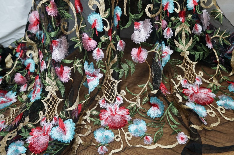 Multi-color Floral Flowers Embroidered on Black Tulle Fabrics | Etsy