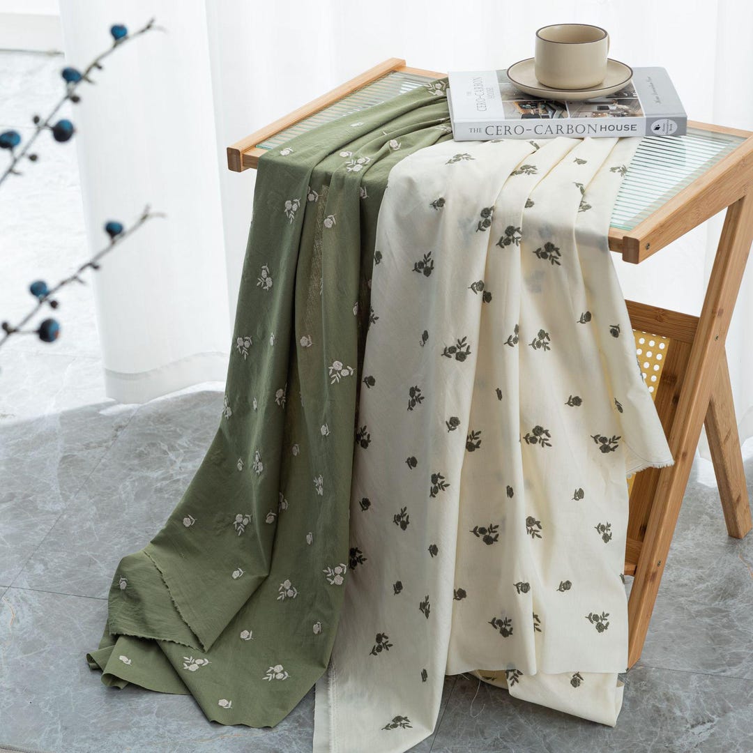 Cotton and Linen Fabric, Army Green / Light Yellow Floral Printed ...