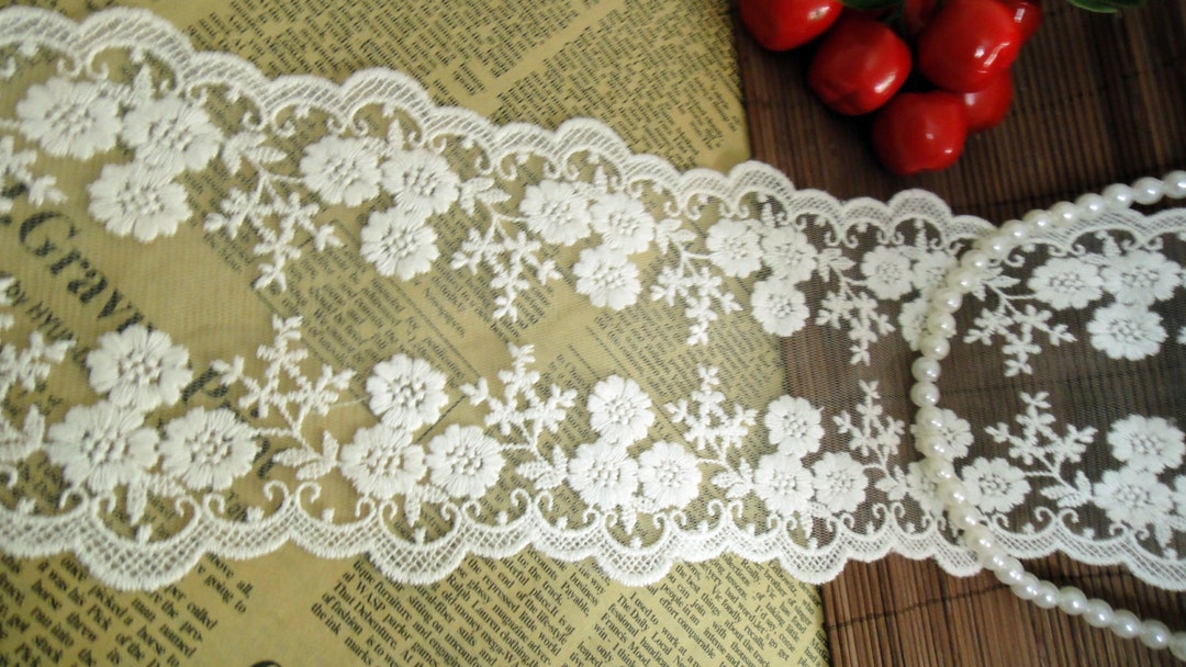 Off White Bridal Lace, Embroidered Lace Trim, Double Daisy Side Lace 3. ...