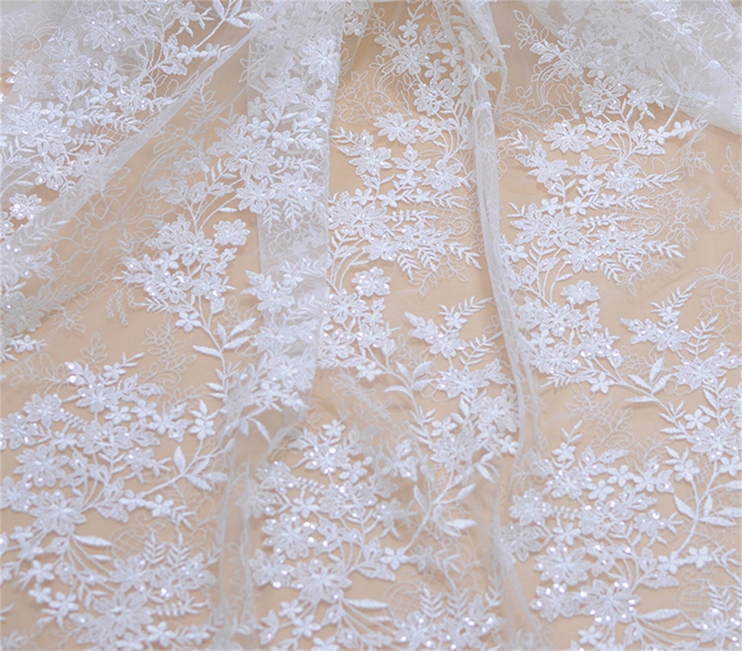 Elegant Wedding Lace Fabric, Ivory Floral Mesh Fabric, Clear Sequined ...