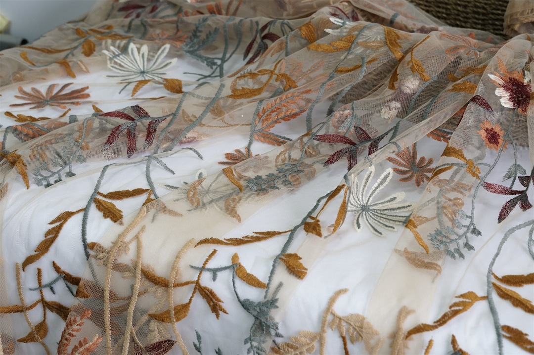 Soft Light Brown Tulle Leaf Floral Embroidered Lace Fabric for Boho ...