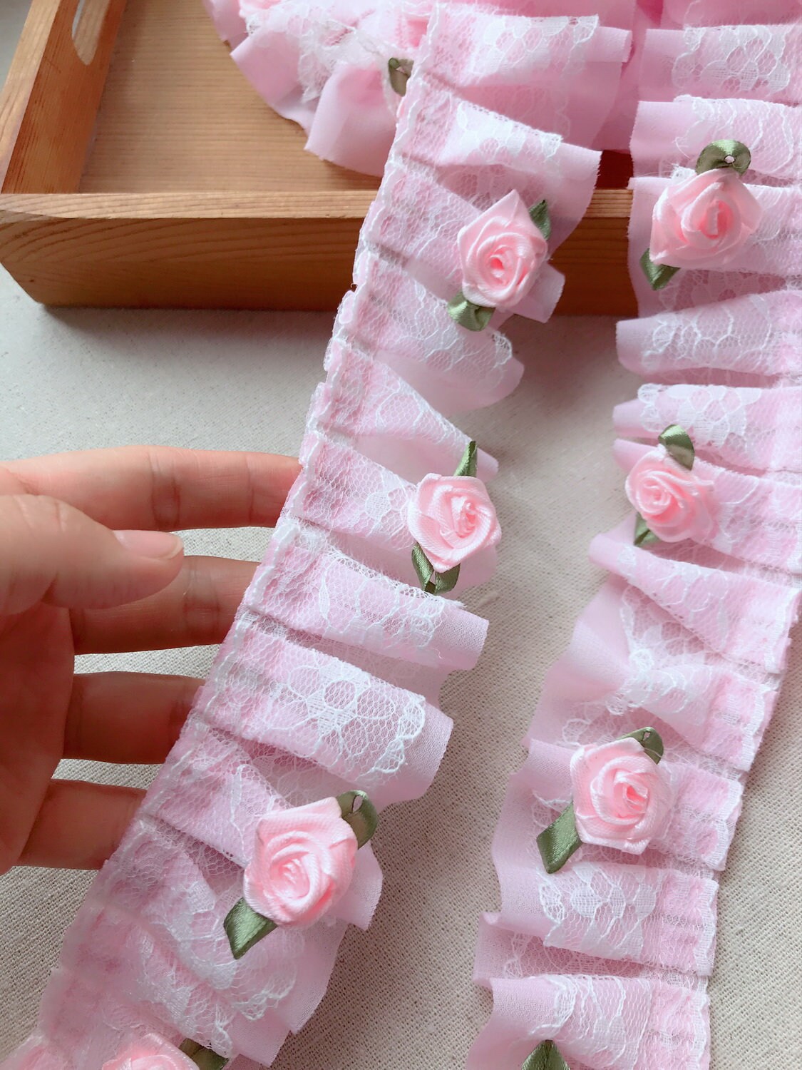 Pink Ruffle Lace, Pleated Trim Lace, Pink Rose Flower Lace for Doll ...