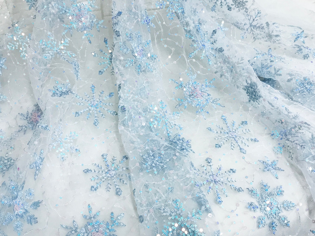 Light Blue Snowflake Fabric Colorful Sequins Embroidery Mesh Fabric for ...
