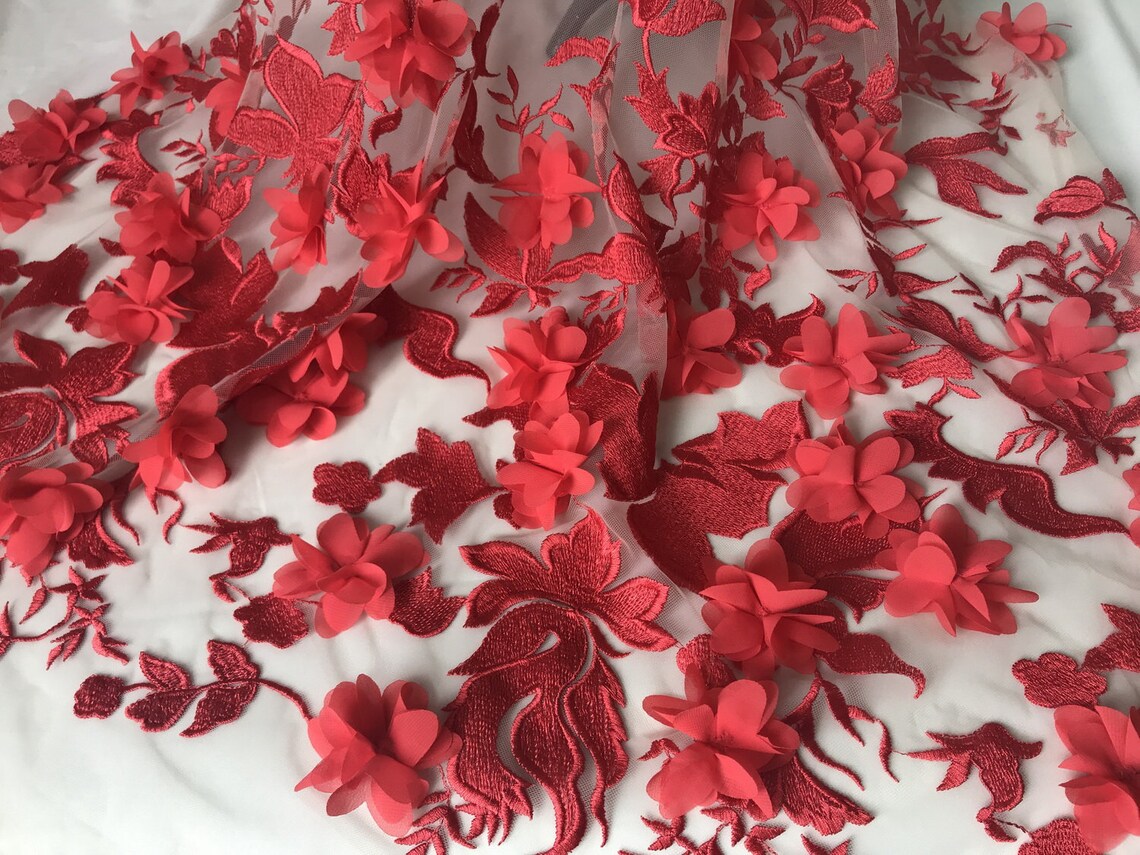 Red Embroidery Lace Fabric With Chiffon 3d Flower on Soft - Etsy