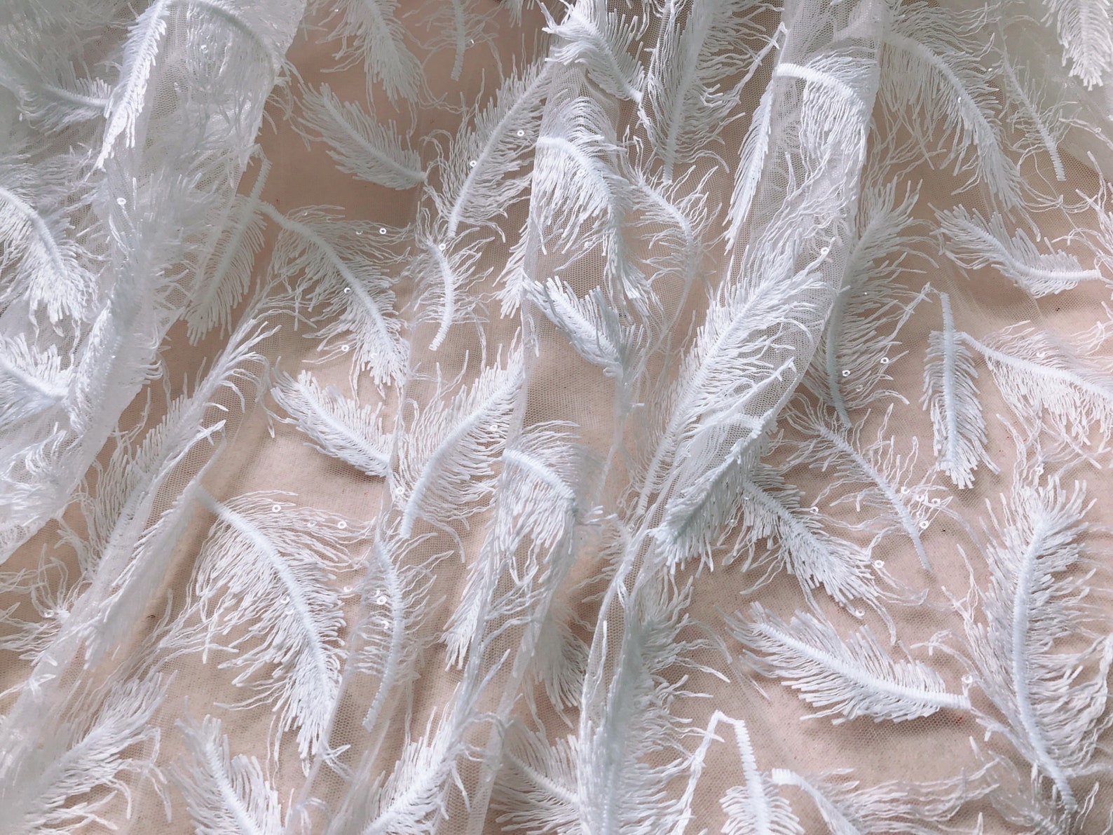 Off White Feathers Lace Fabric With Sequined for Prom Dress, Party ...