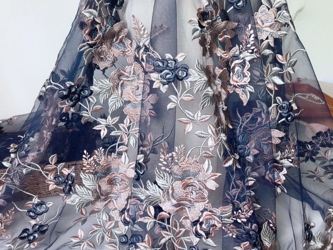 Multicolor Embroidered Rose Design Fabric, Navy Blue Mesh Fabric ...