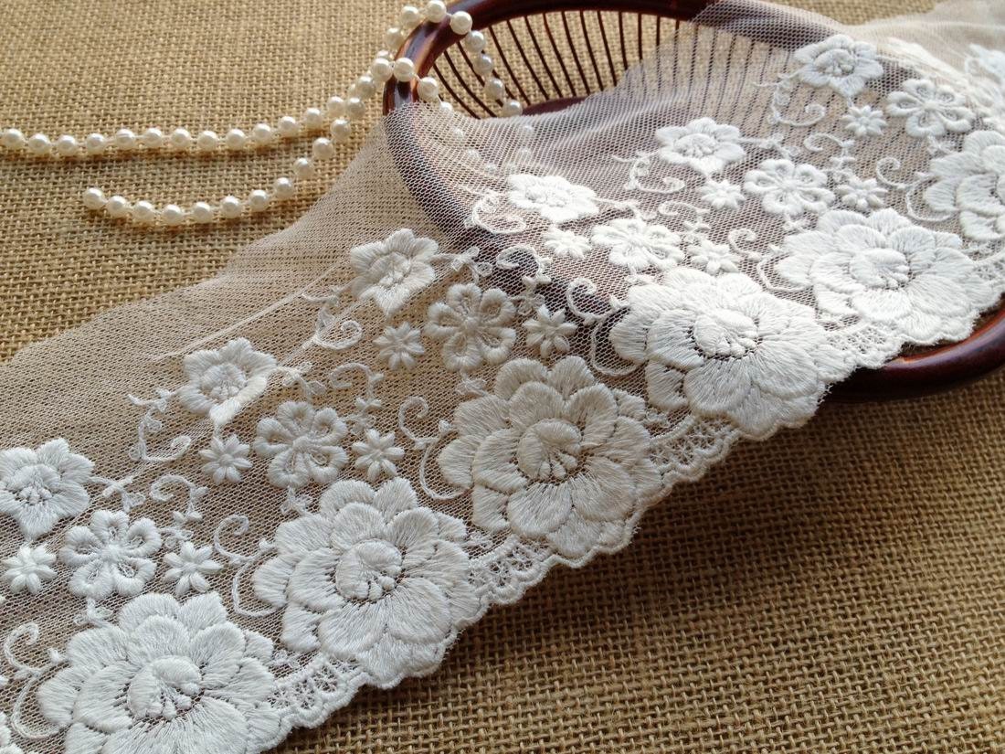 2 Yards Beautiful Embroidery Tulle Lace Trim in White With Flower for ...