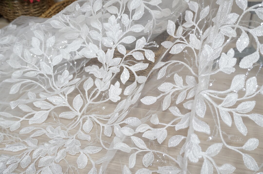 Shimmery Leaf Pattern Sheer Sequined Lace Fabric, Ivory Embroidered ...